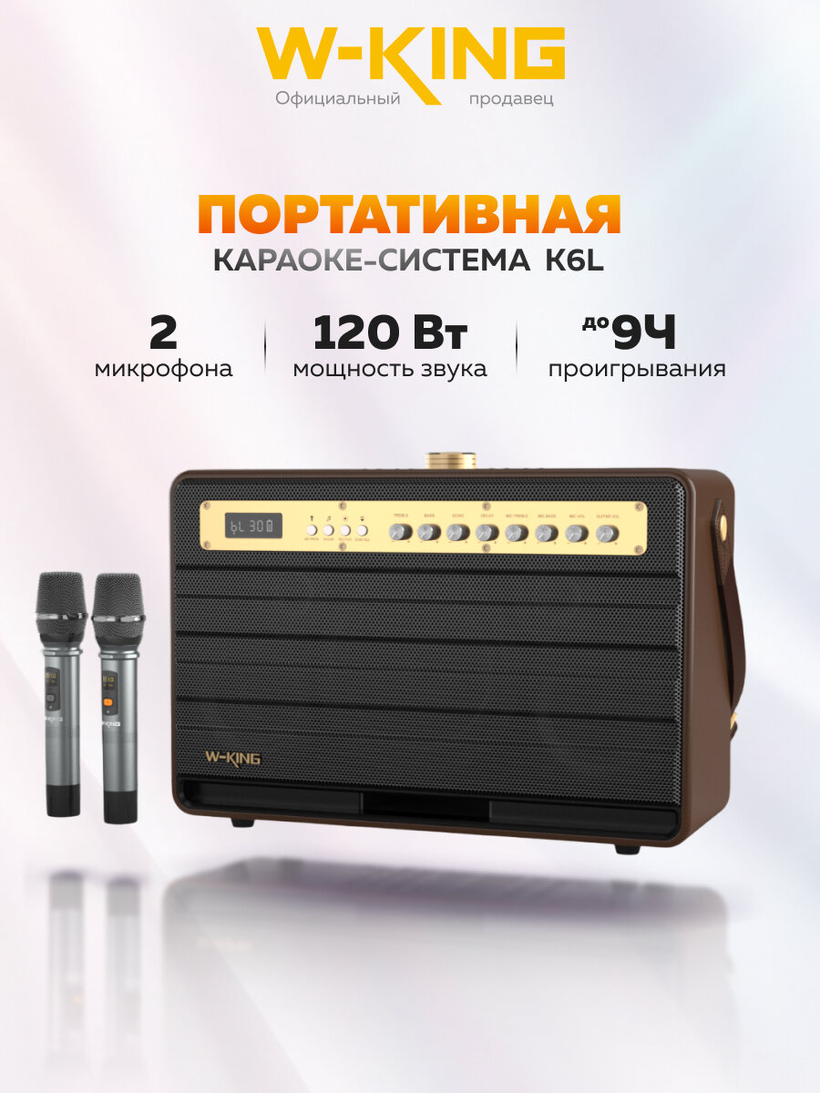 Портативная колонка с караоке W-King K6L, Bluetooth 5.0, 120 Вт, 2 микрофона (Black)