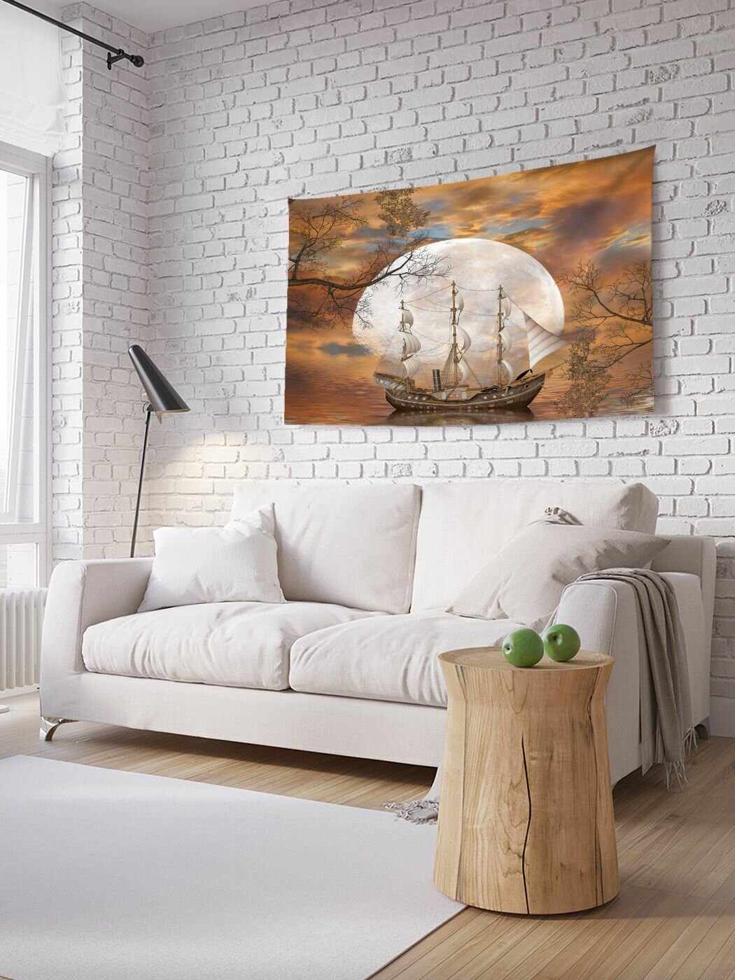 Фотопанно на стену тканевый горизонтальный "Фрегат при луне", 150х200 см, JoyArty