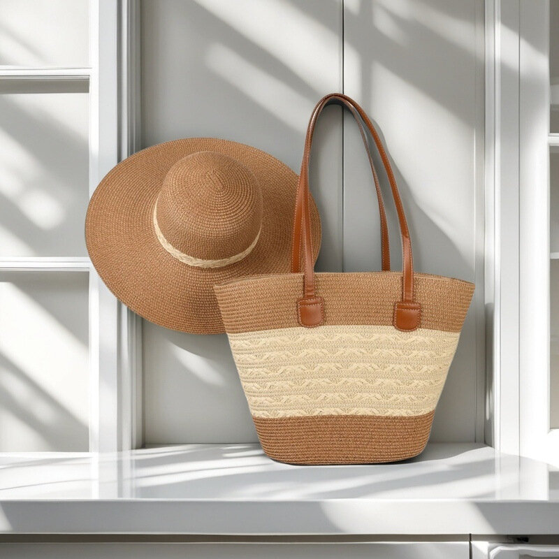 2026 Кросс-бордер Соломенная шляпа Соломенная сумка Двухкомпонентный набор Солнечная шляпа Большая вместимость Полосатая сумка через плечо Пляжная сумка Фабричный магазин