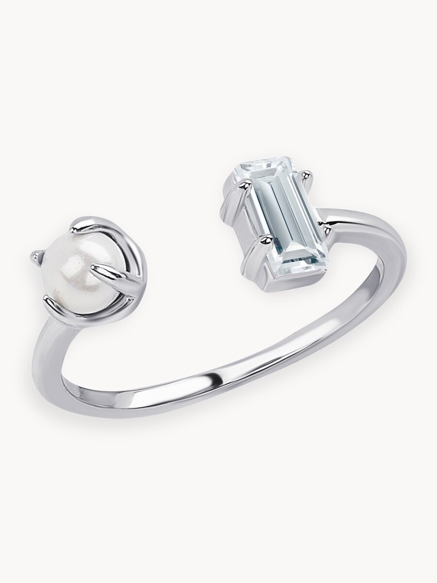 Кольцо разъемное, серебро, 925 проба, родирование, фианит, жемчуг