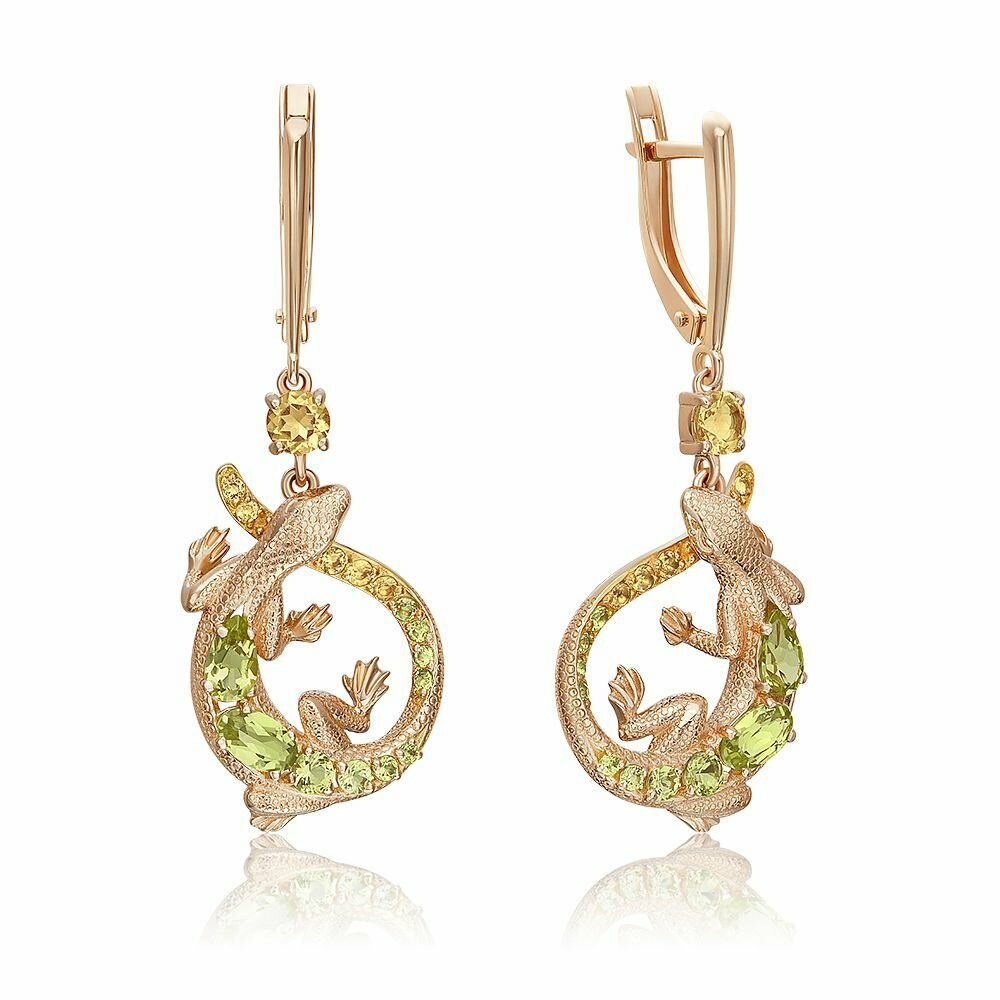 Серьги, красное золото, 585 проба, хризолит, цитрин