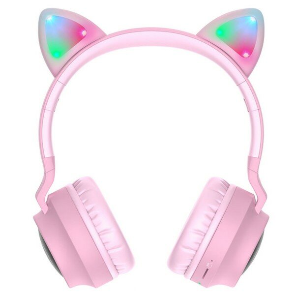 Беспроводные/проводные наушники Hoco W27 розовый, накладные, Bluetooth + проводной, кошачьи ушки, до 5 ч.