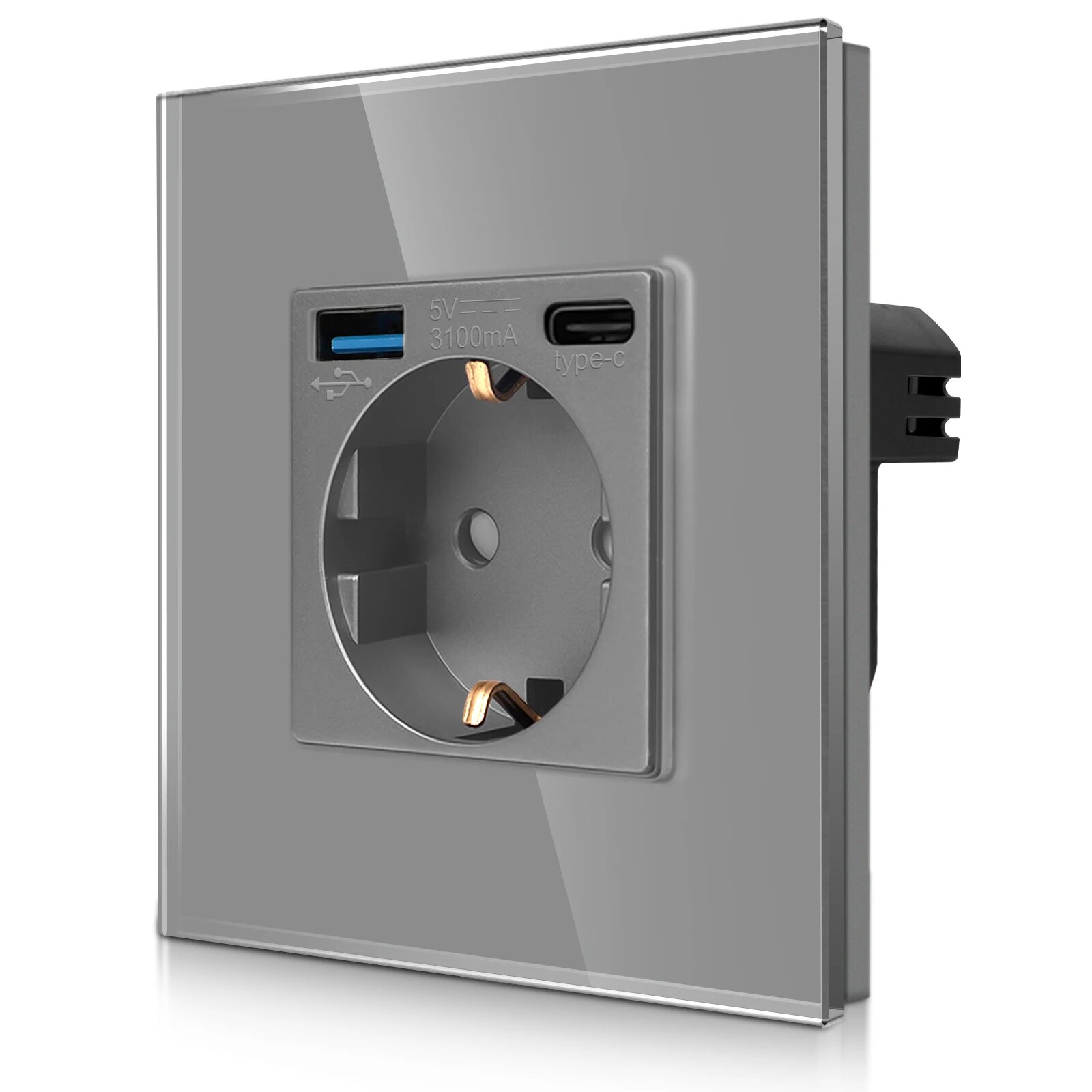 Розетка с USB Type-C, серый стекло Bingoelec