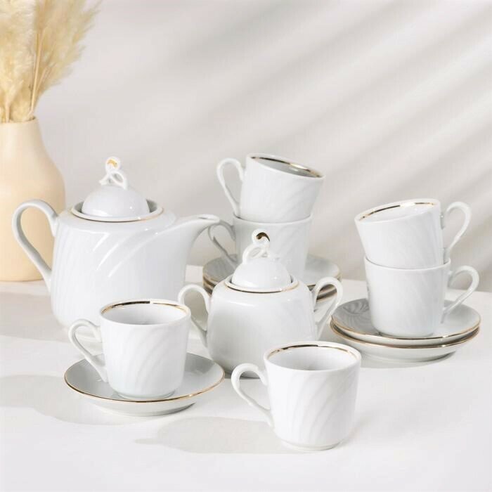 Сервиз чайный 14 предметов "Бомонд" на 6 персон "Добрушский фарфоровый завод", набор посуды для чаепития, чайник 1 л, 6 чашек 220 мл, 6 блюдец d-14 cм, сахарница 400 мл.