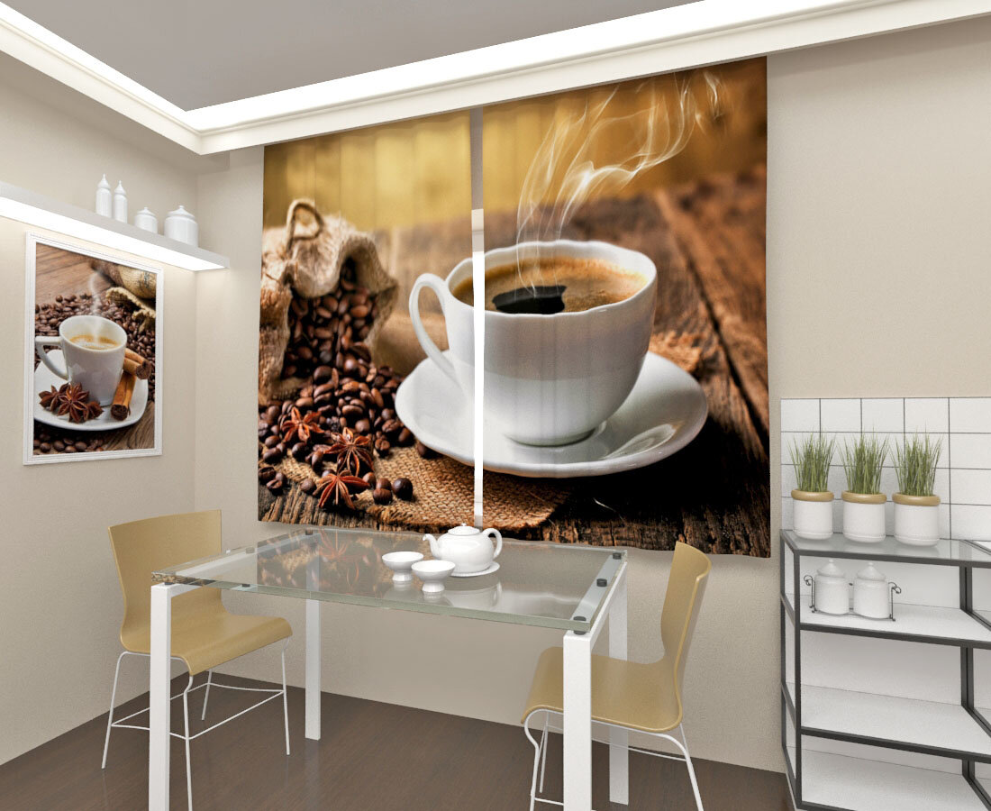 Фотошторы кухонные Арт Паула Бодрящий кофе Габардин В: 170 см Ш: 2*145 = 290 см