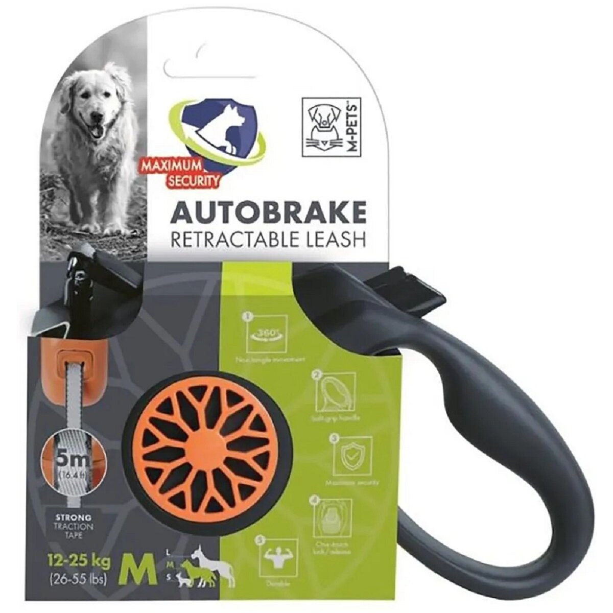 M-PETS Поводок-рулетка с автотормозом, 5 м, до 25 кг, 16,5*12*6 см, оранжевый