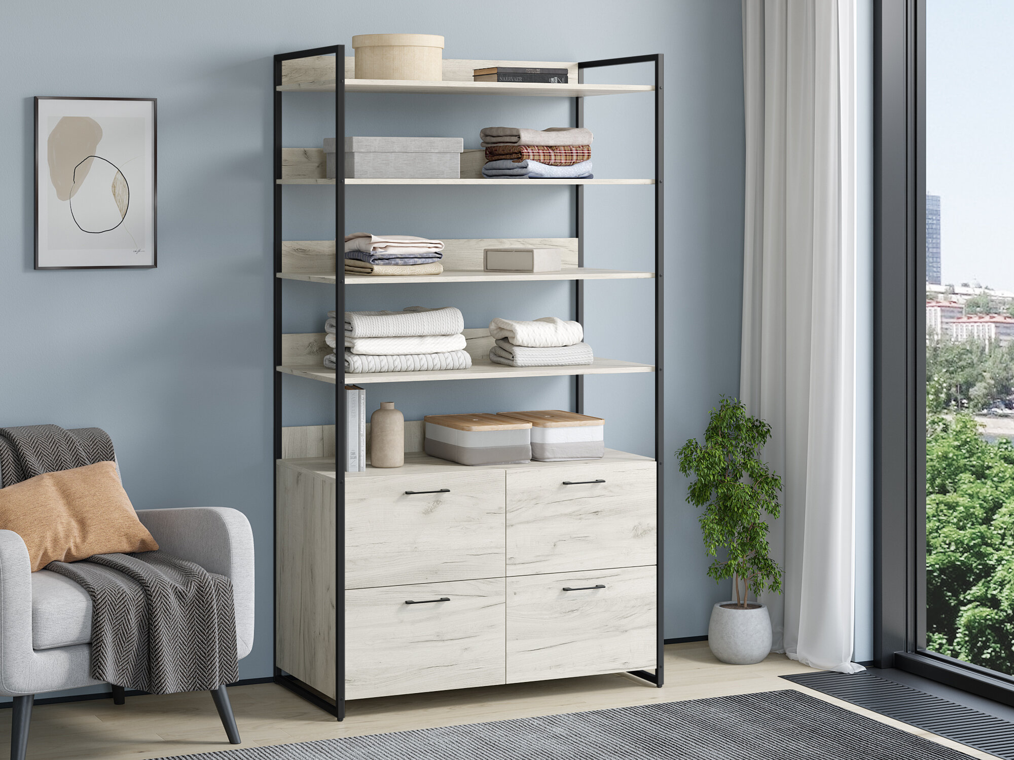 Стеллаж Urban Лофт 04 с ящиками Черный/Дуб крафт белый