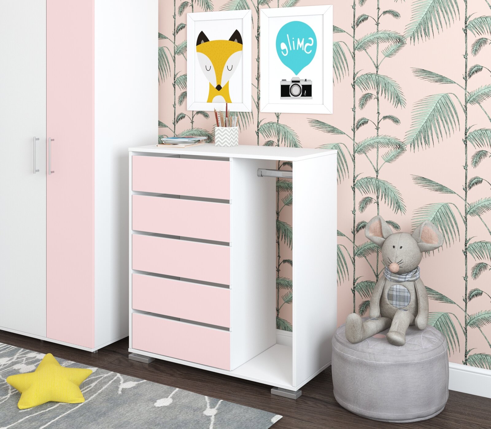 Шкаф, комод, шкаф-комод с ящиками, со штангой Есэндвич Лаворо, 90x43х102 см, левый (Белый/Розовый кварц)