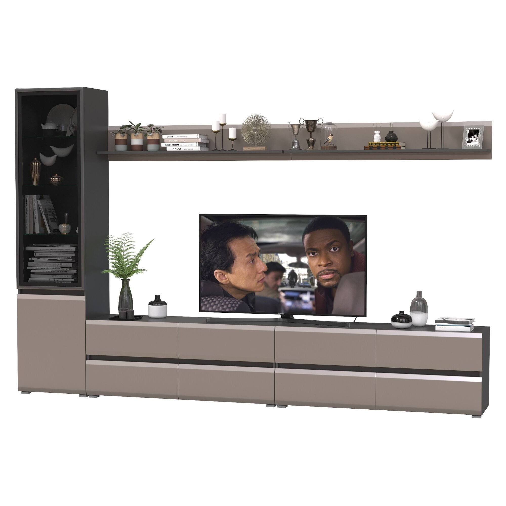 Шкаф-витрина Сидней с двумя ТВ-тумбами и 2 полочками, цвет антрацит/веллюто, 309,8х41,3х205,2 см.
