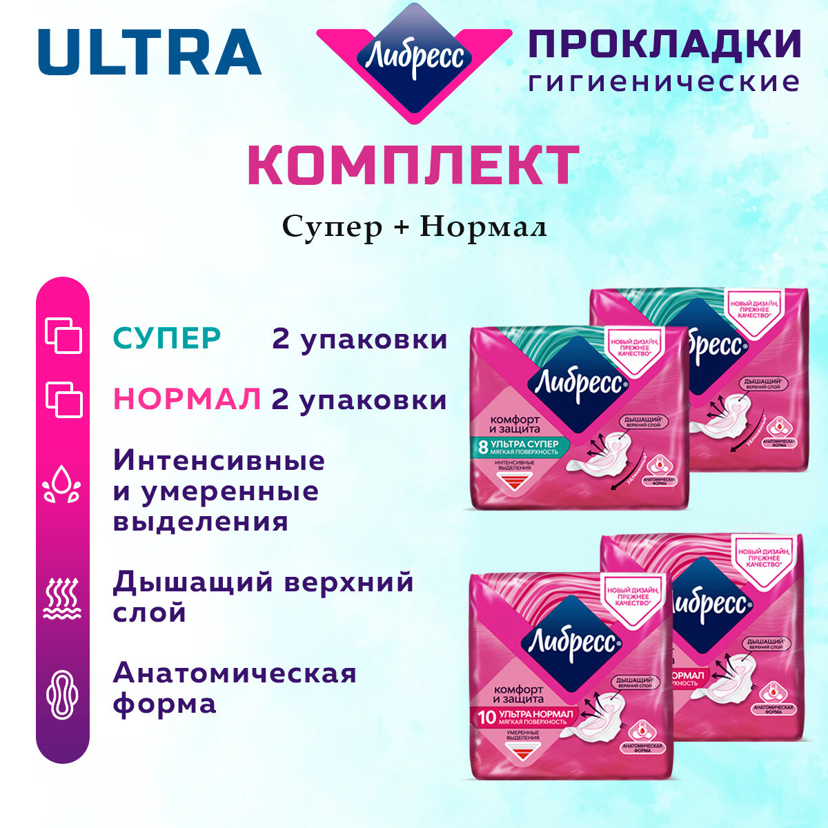 Прокладки женские LIBRESSE Ultra набор супер 2 уп х 8 шт и нормал 2 уп х 10 шт