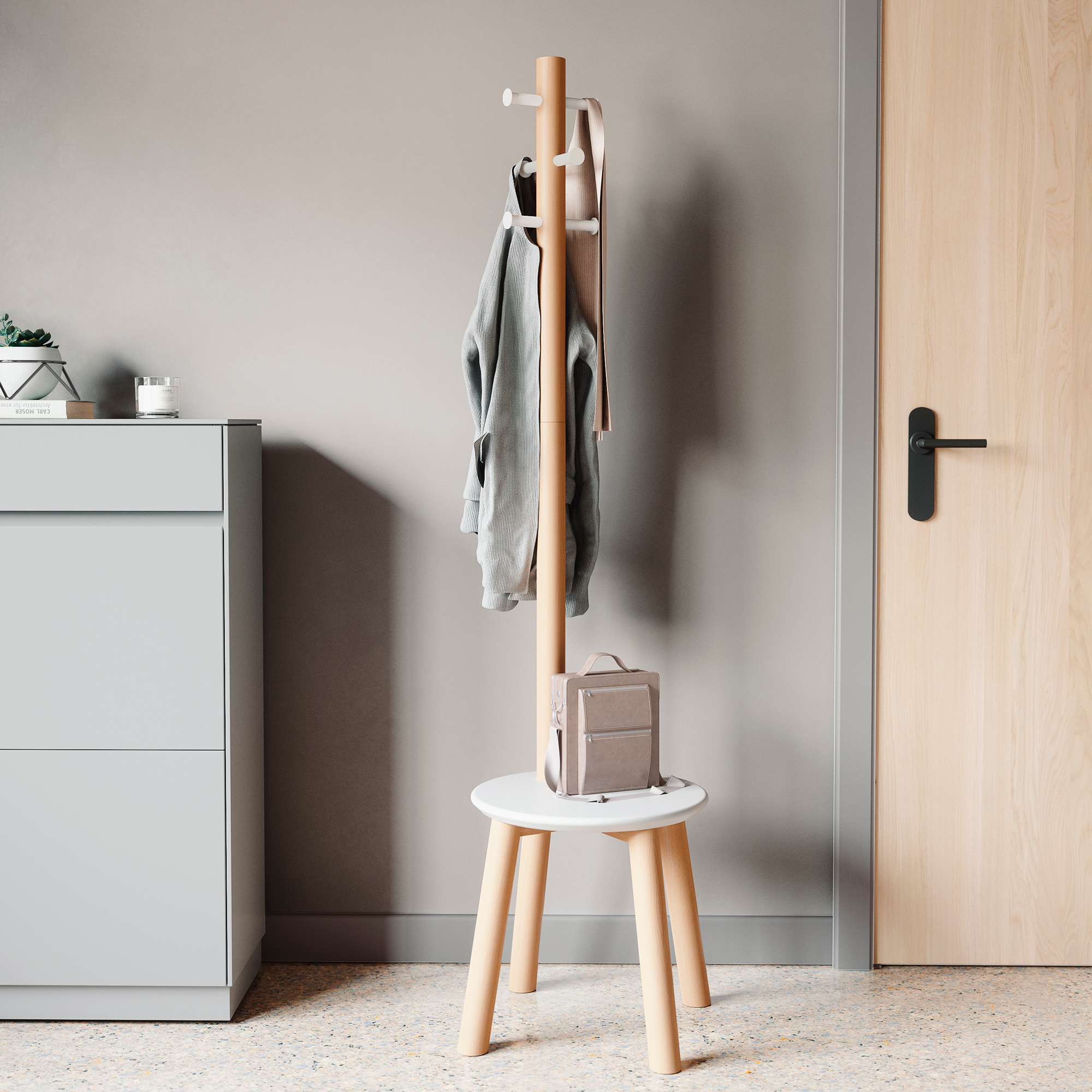 Вешалка-табурет Umbra Pillar, белая/натуральное дерево
