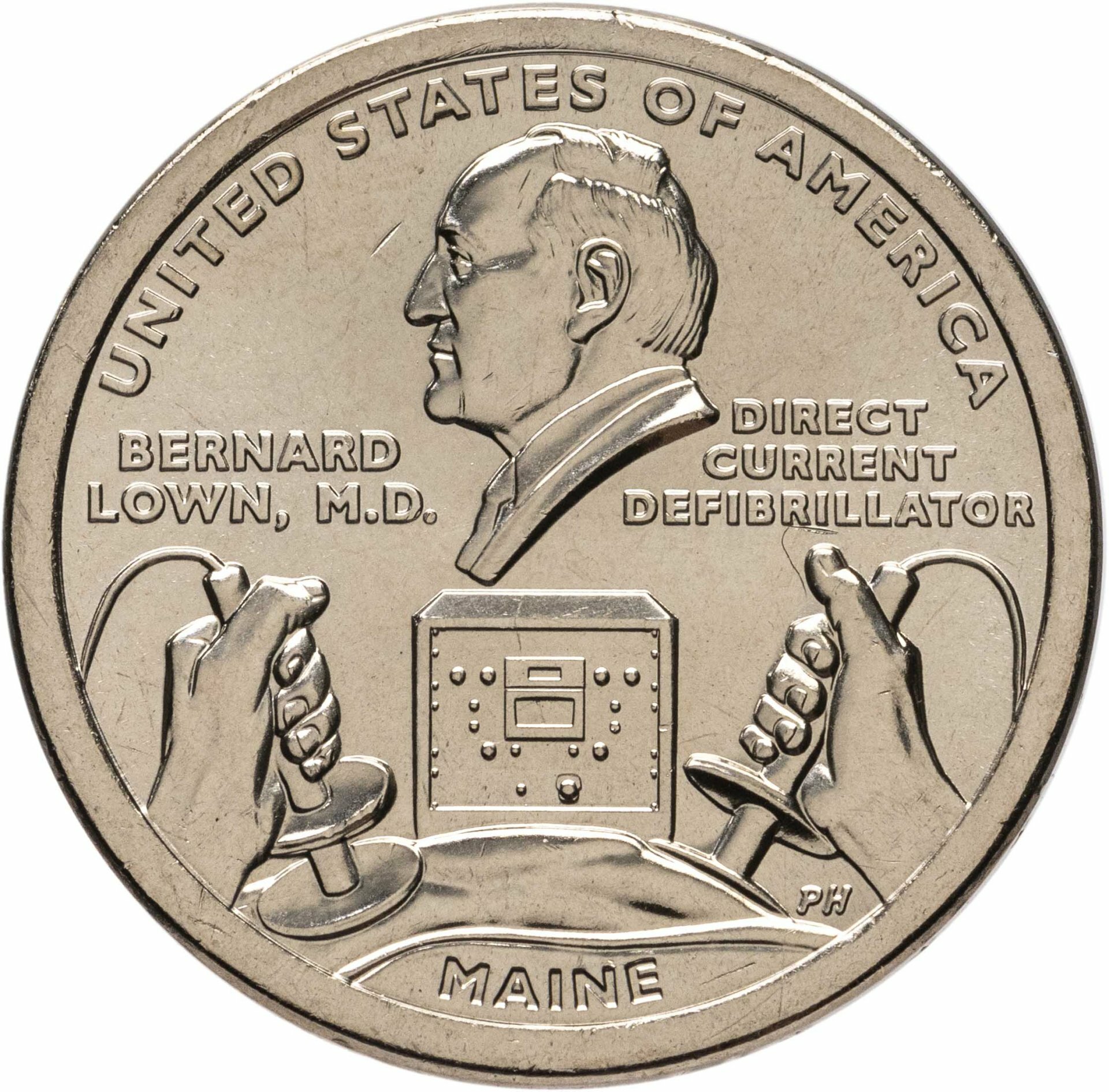 США 1 доллар 2024 P Американские инновации - Дефибриллятор постоянного тока Мэн, Медь с марганцево-латунным покрытием, в сохранности UNC