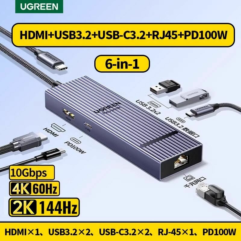 USB-Концентратор UGREEN 6-in-1 (45364), 4K HDMI, USB 3.2 10Gbps, USB-C3.2 10Gbps, RJ-45, PD 100W Hub