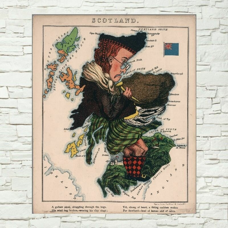Карта карикатурная Шотландия (Scotland). Репринт карты 1868 года.
