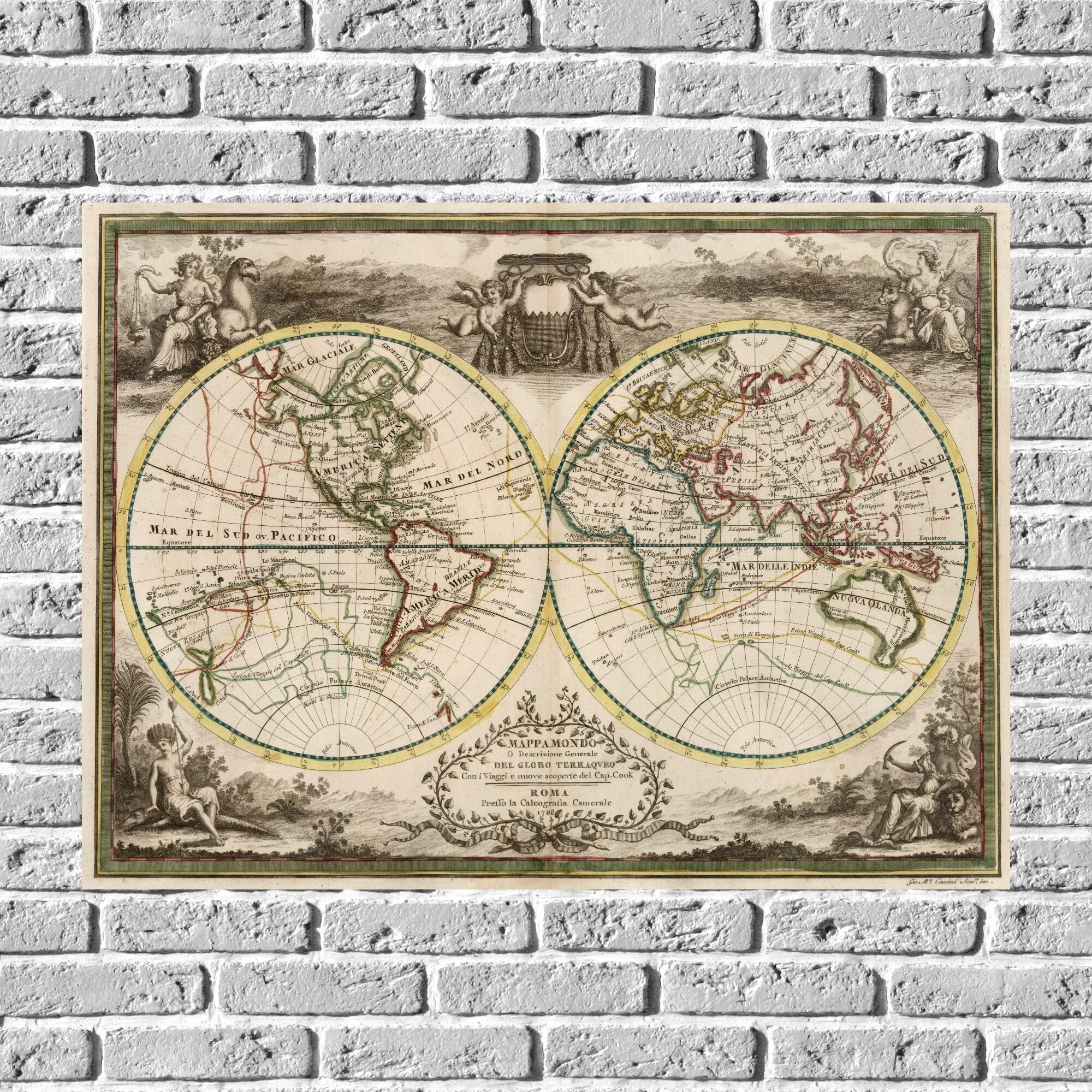 Старинная Карта Мира с указанием маршрутов трех путешествий капитана Кука 1788 года