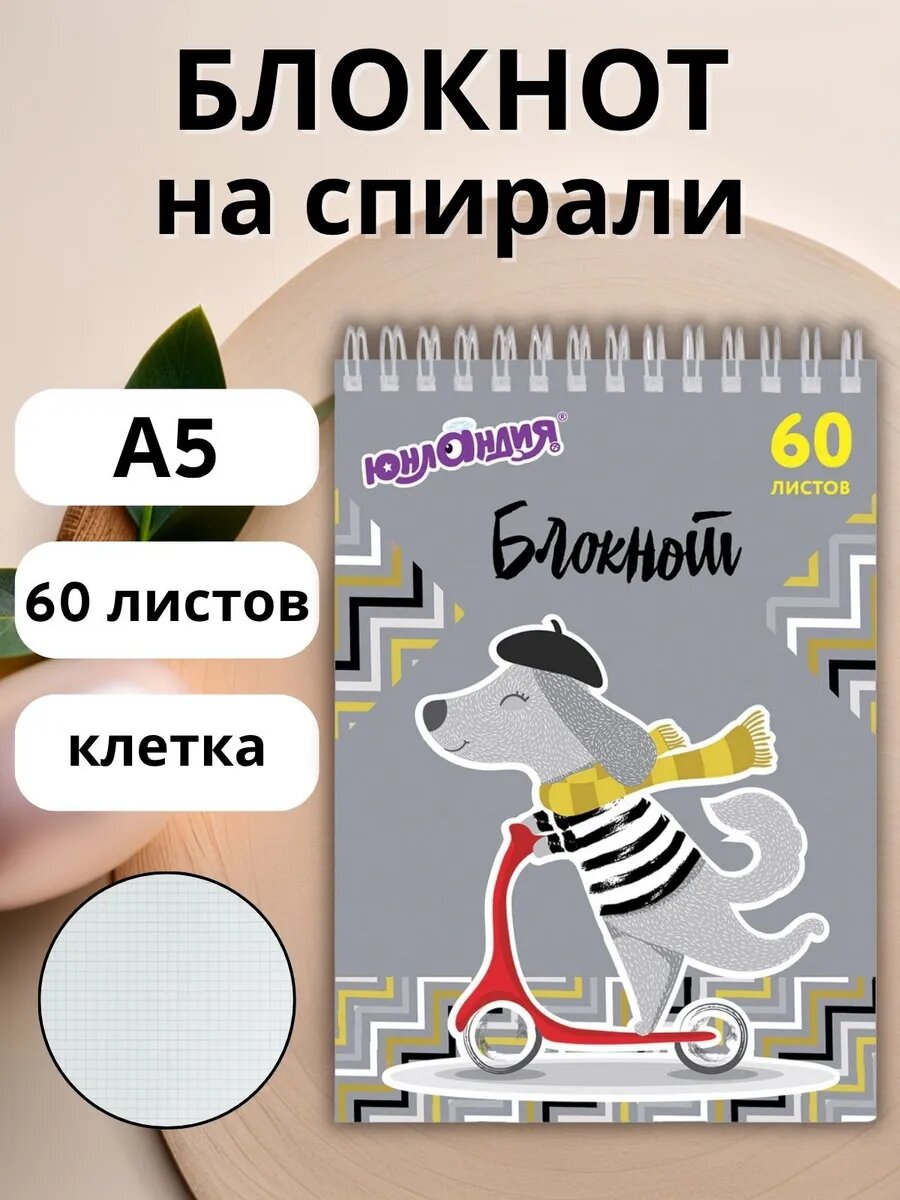 Блокнот Юнландия "Собачка на самокате", для записей, спираль, в клетку, формат А5, 60 листов
