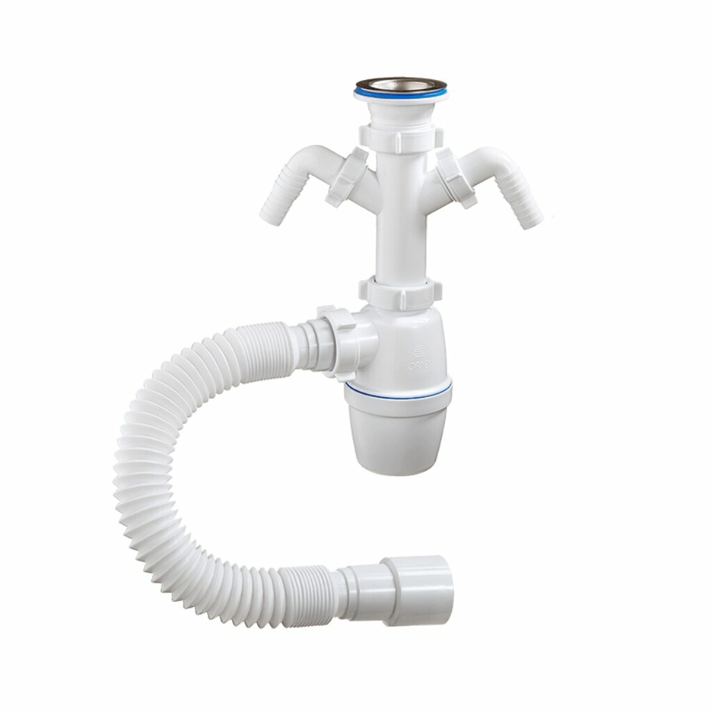 Сифон Orio А-40069 для мойки бутылочный с двумя отводами 1"1/2 с гофрой 40х40/50