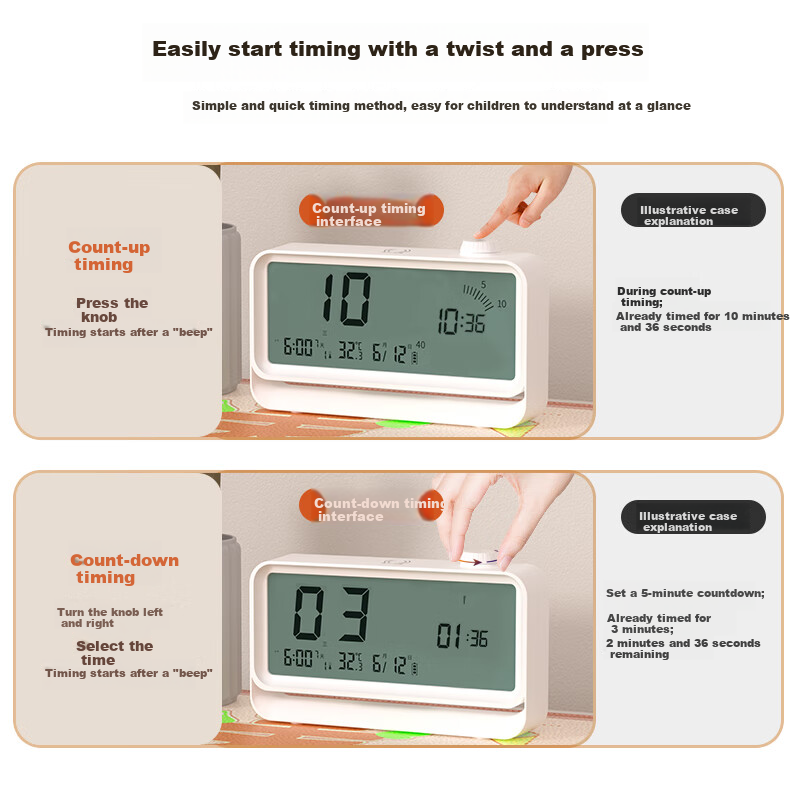 Compas Electronic Student Alarm Clock Visual Timer Night Light Children's Countdown Time Manager 2818 Pink — фото 1