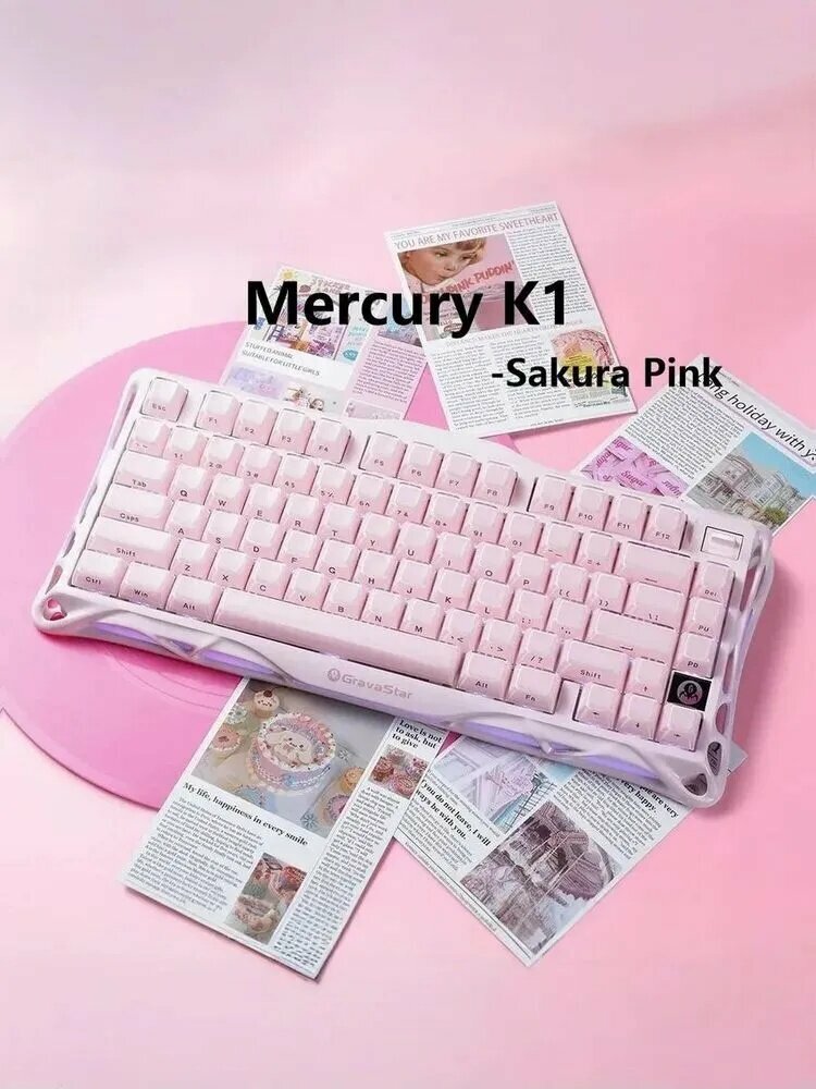 SINDTRADE Игровая клавиатура беспроводная Mercury K1, Трехрежимное подключение, время автономной работы 470 часов, 5-слойное заполнение глушителя, Английская раскладка, розовый