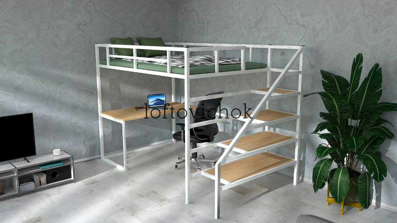 Кровать - чердак " Verona - 2" 120*200*200 белая , металлическая , лофт