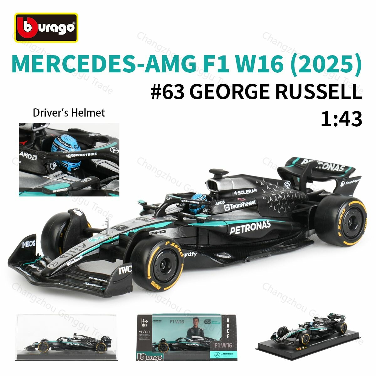 Акриловая прозрачная коробка Bburago 1:43 Mercedes AMG Гран-при Австралии 2025 года W16 E Performance Формульный болид Формулы-1, Литые под давлением автомобили, коллекционная модель гоночных игрушек