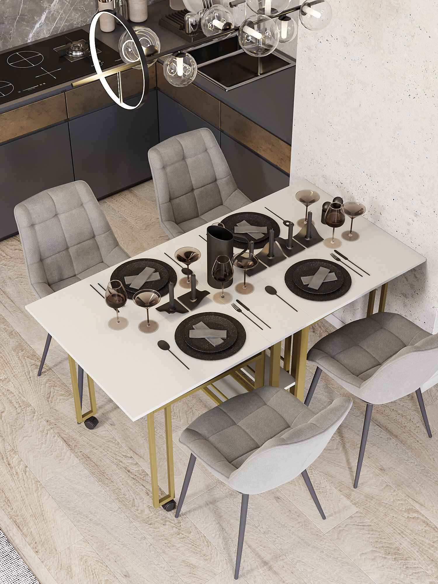 Стол раскладной М2, на колесиках, золото/белый, 1 штука, 8 колесиков