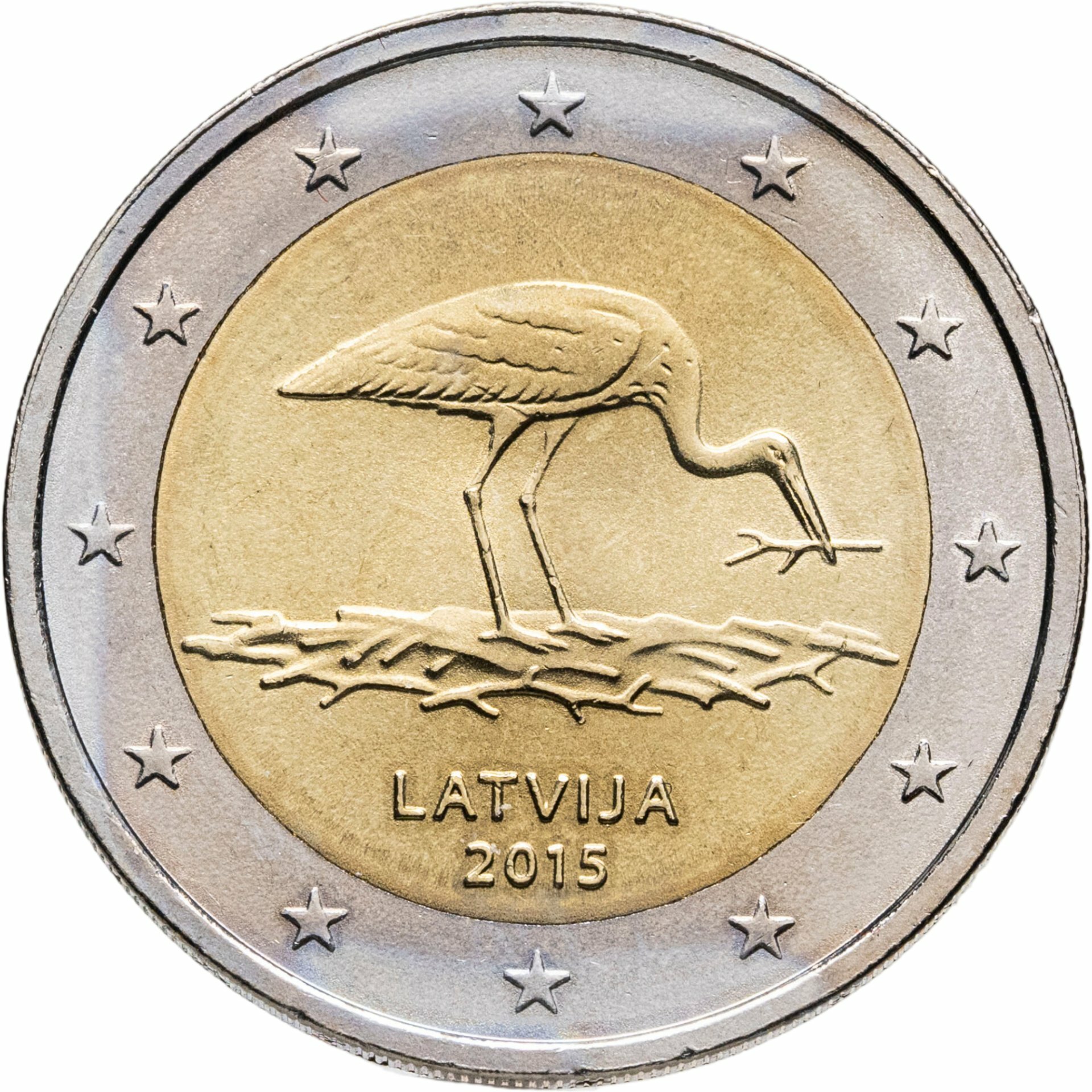 Латвия 2 евро 2015 Природа в опасности - чёрный аист