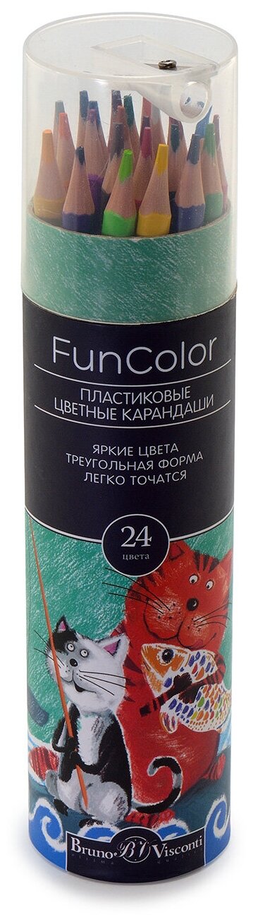 Карандашии цветные BrunoVisconti в тубусе с точилкой, 24 цветов "FunColor", Арт. 30-0087, упаковка в ассортименте