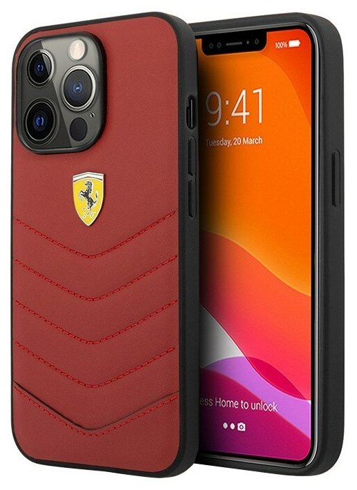 Ferrari для iPhone 13 Pro Max чехол Genuine leather Quilted with metal logo Hard Red