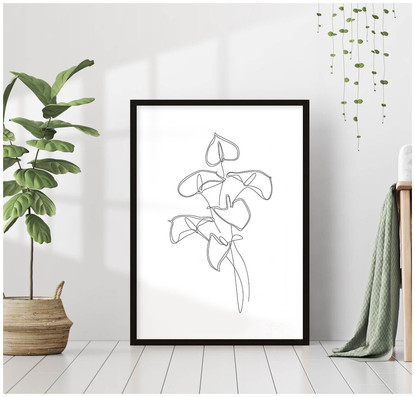 Постер "Маки, три цветка. Линейный рисунок" в черной рамке 40x50 см для интерьера на стену