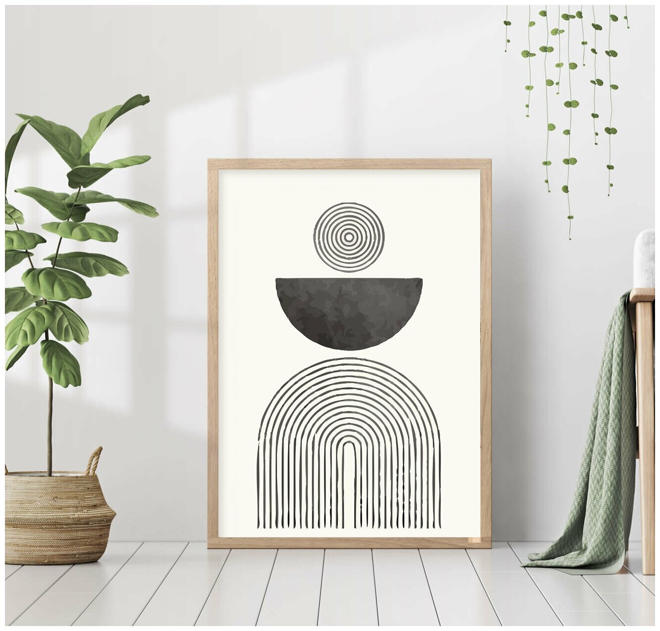 Постер "Абстракция черно белая, линейный рисунок, минимализм, линии, черный полукруг" 40x50 без рамки на стену для интерьера