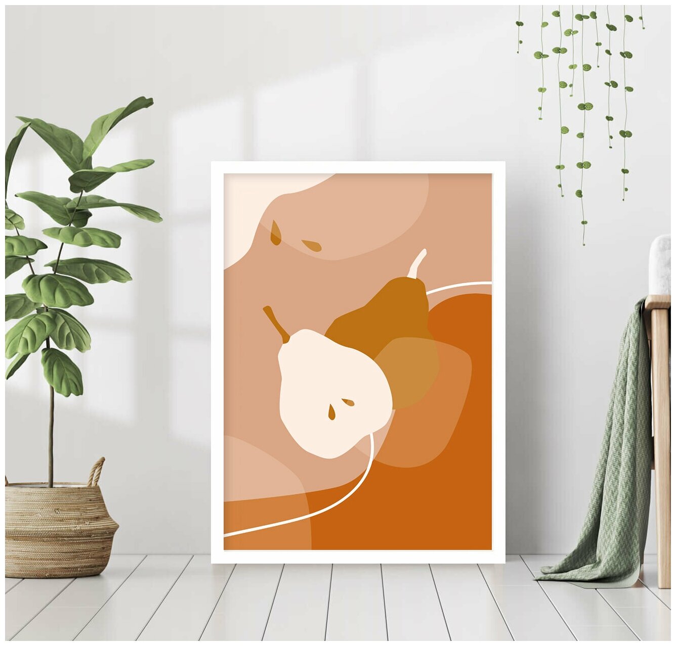 Постер "Рисунок в стиле бохо, груши в разрезе" 40x50 в белой рамке для интерьера на стену