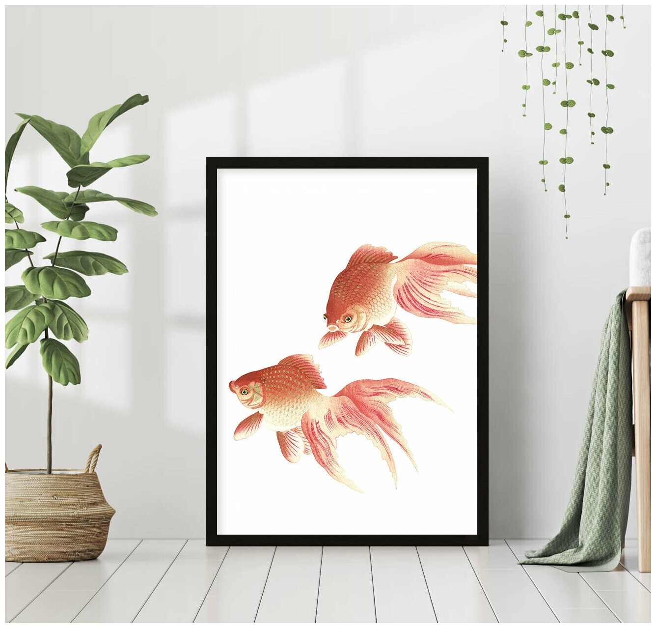 Постер "Золотые рыбки рисунок я японском стиле" 40x50 в черной рамке на стену для интерьера