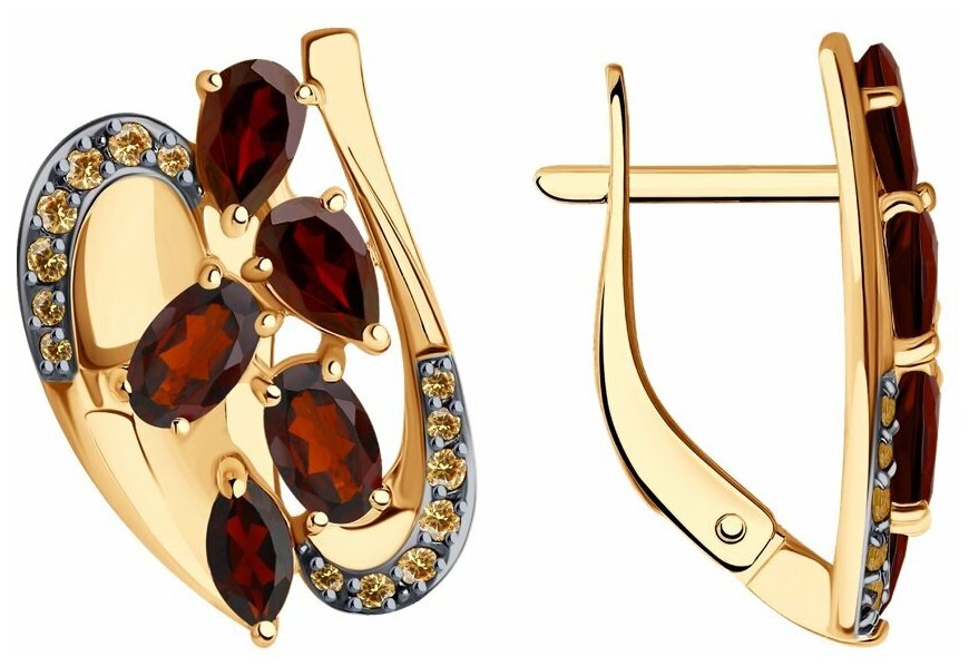 Серьги, красное золото, 585 проба, фианит, гранат