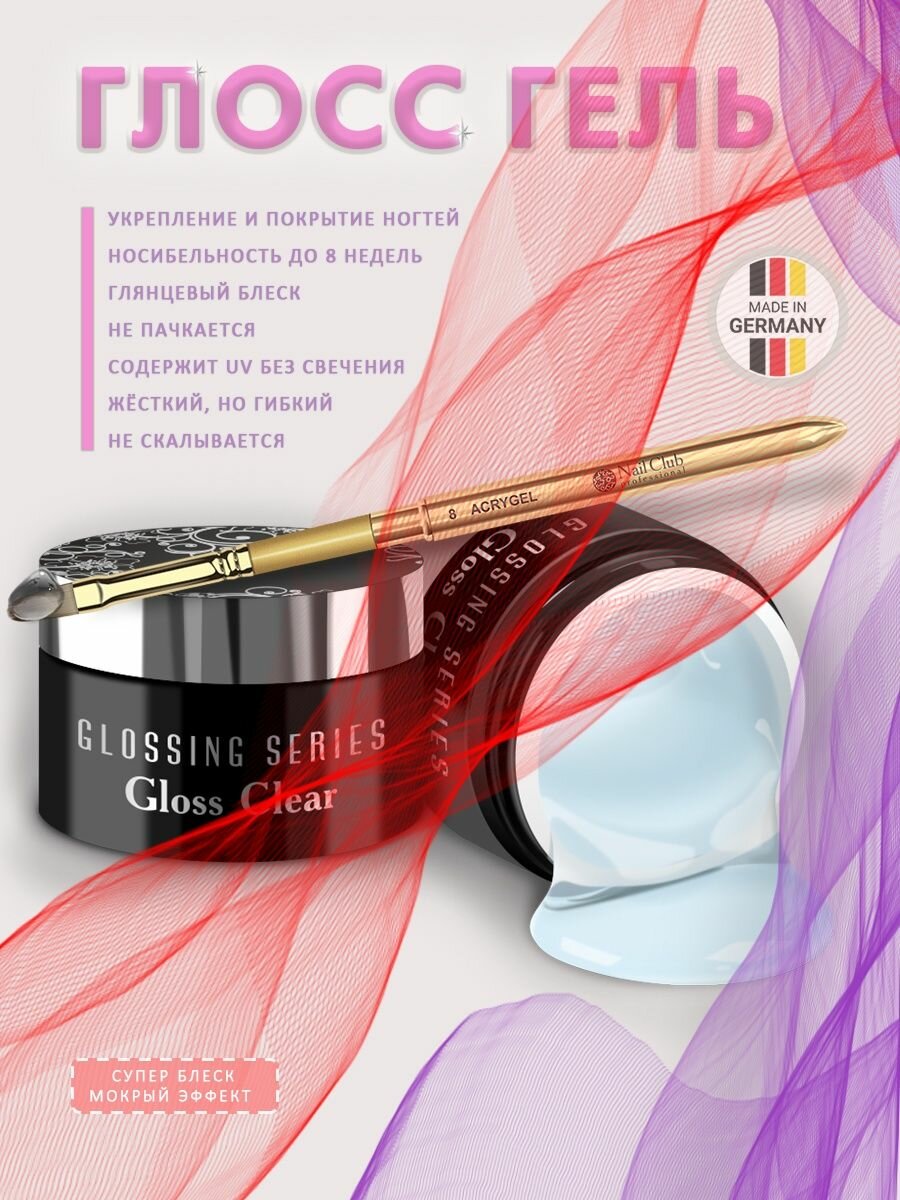 Nail Club Глянцевый топ-гель для покрытия ногтей Gloss Clear, 15 мл