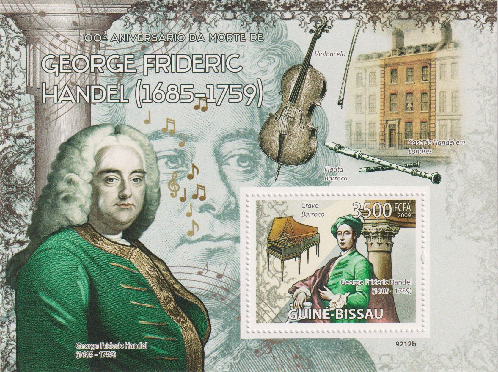 Почтовые марки Гвинея-Бисау 2009г. "100 лет со дня смерти Георга Фридриха Генделя, 1685-1759" Композиторы, Музыкальные инструменты MNH