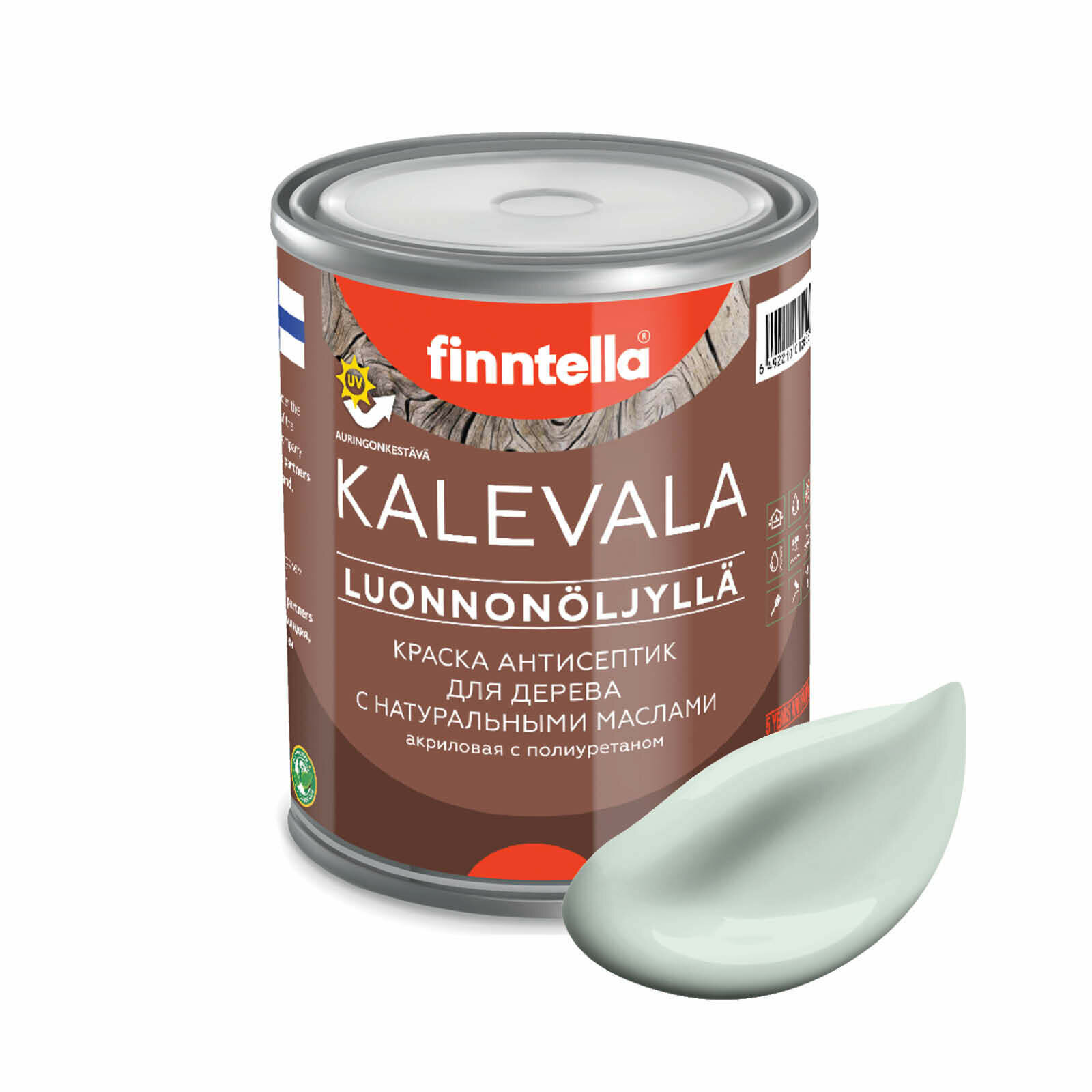 Краска для дерева и деревянных фасадов FINNTELLA KALEVALA, с натуральным маслом и полиуретаном, цвет VETTA (бледно-бирюзовый) , 0,9л