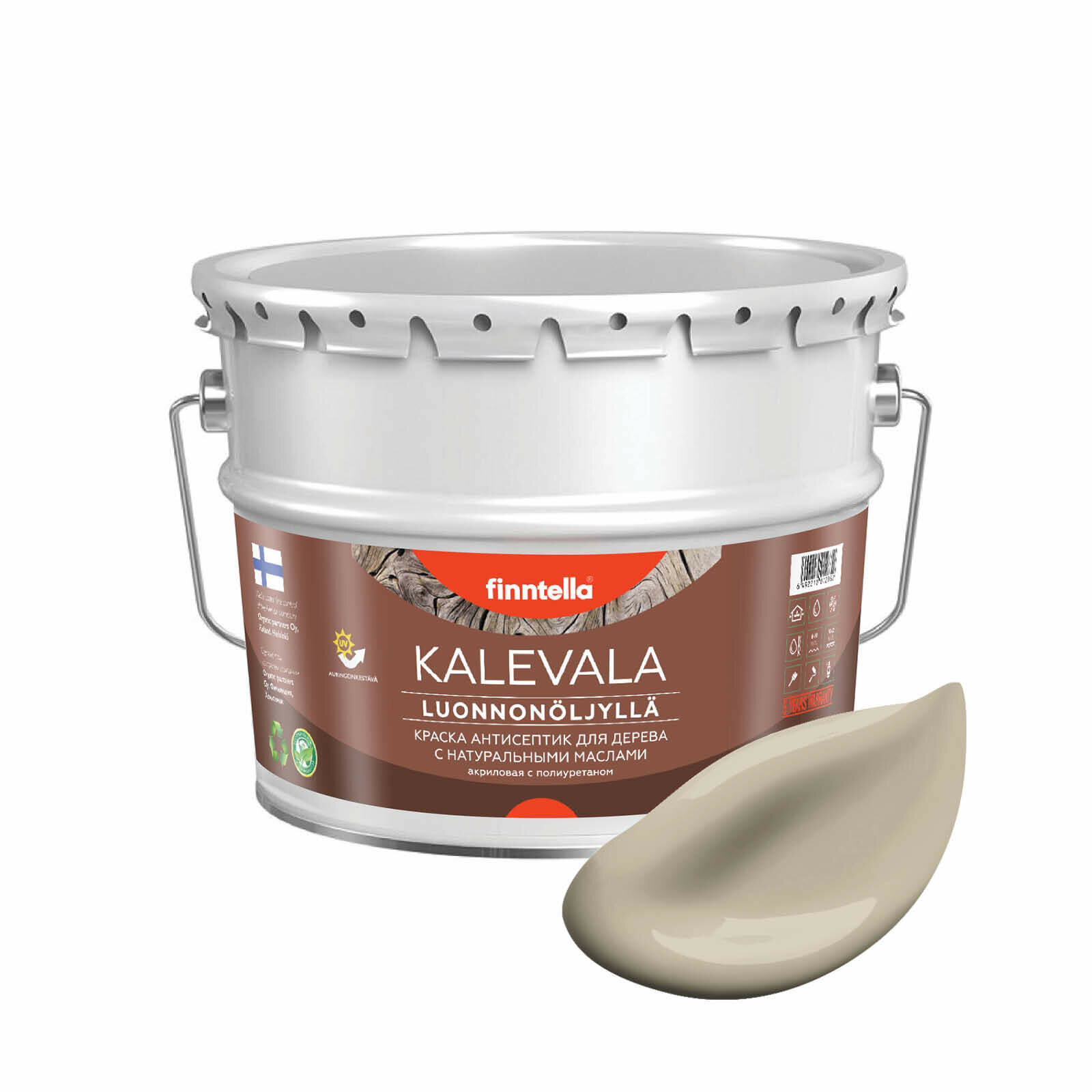 Краска для дерева и деревянных фасадов FINNTELLA KALEVALA, с натуральным маслом и полиуретаном, цвет NORSUNLUU (бежевый нейтральный) , 9л