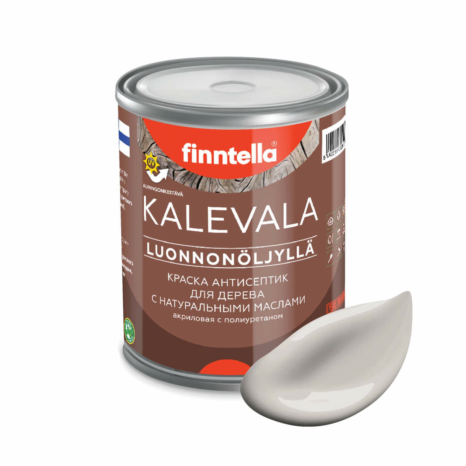 Краска для дерева и деревянных фасадов FINNTELLA KALEVALA, с натуральным маслом и полиуретаном, цвет VUORET (теплый серо-коричневый) , 0,9л