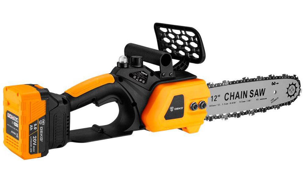 Пила цепная аккумуляторная Deko DKCHS 20, 12", 20В, 2x5.0Ач, з/у, черно-желтый
