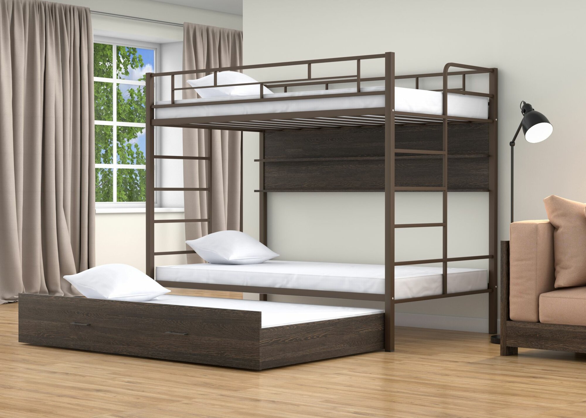 Двухъярусная кровать Валенсия 120 Твист Выкатная с полкой Коричневый/Венге