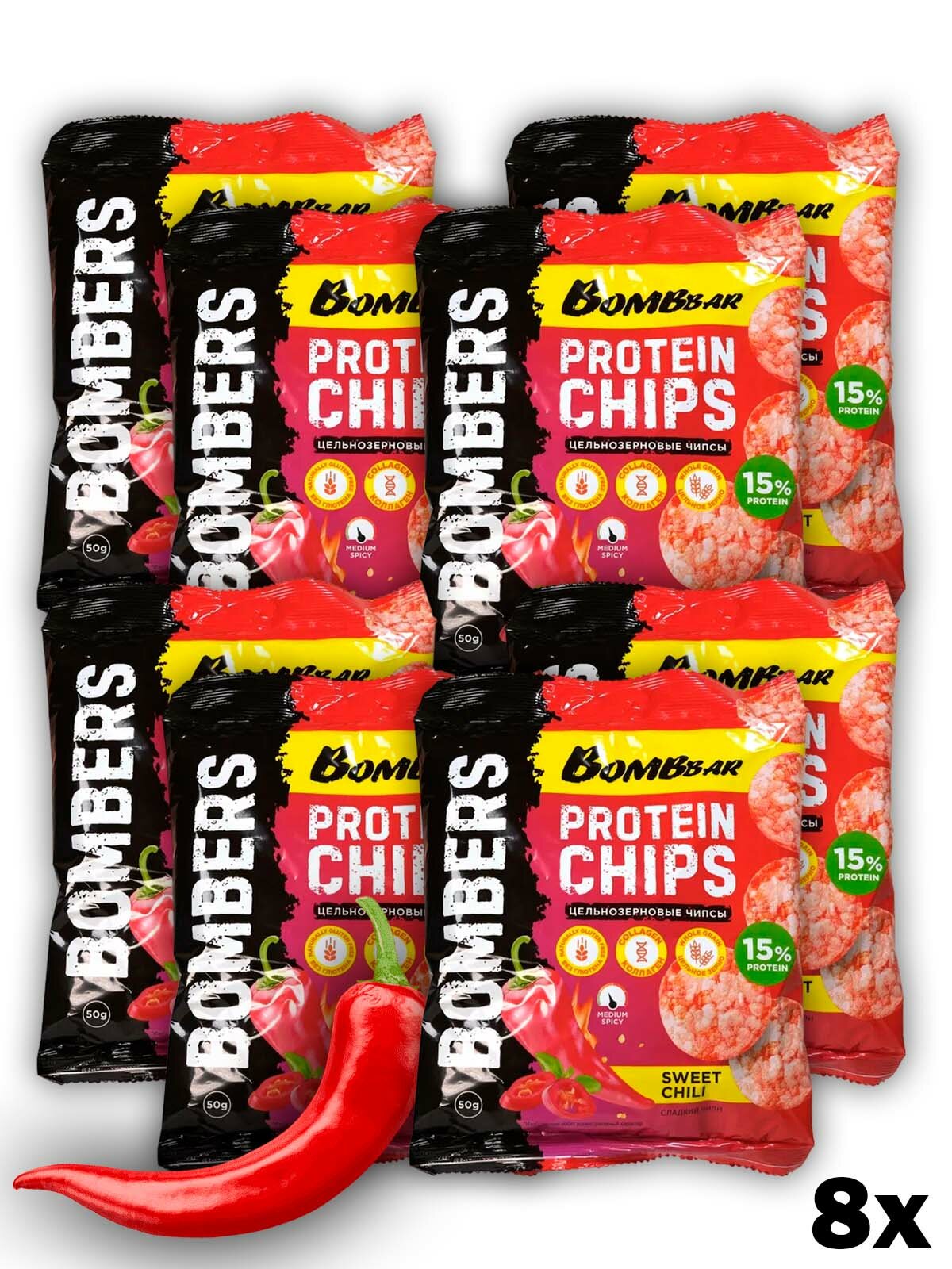 Чипсы BombBar Protein Chips 8 x 50 г, Сладкий чили