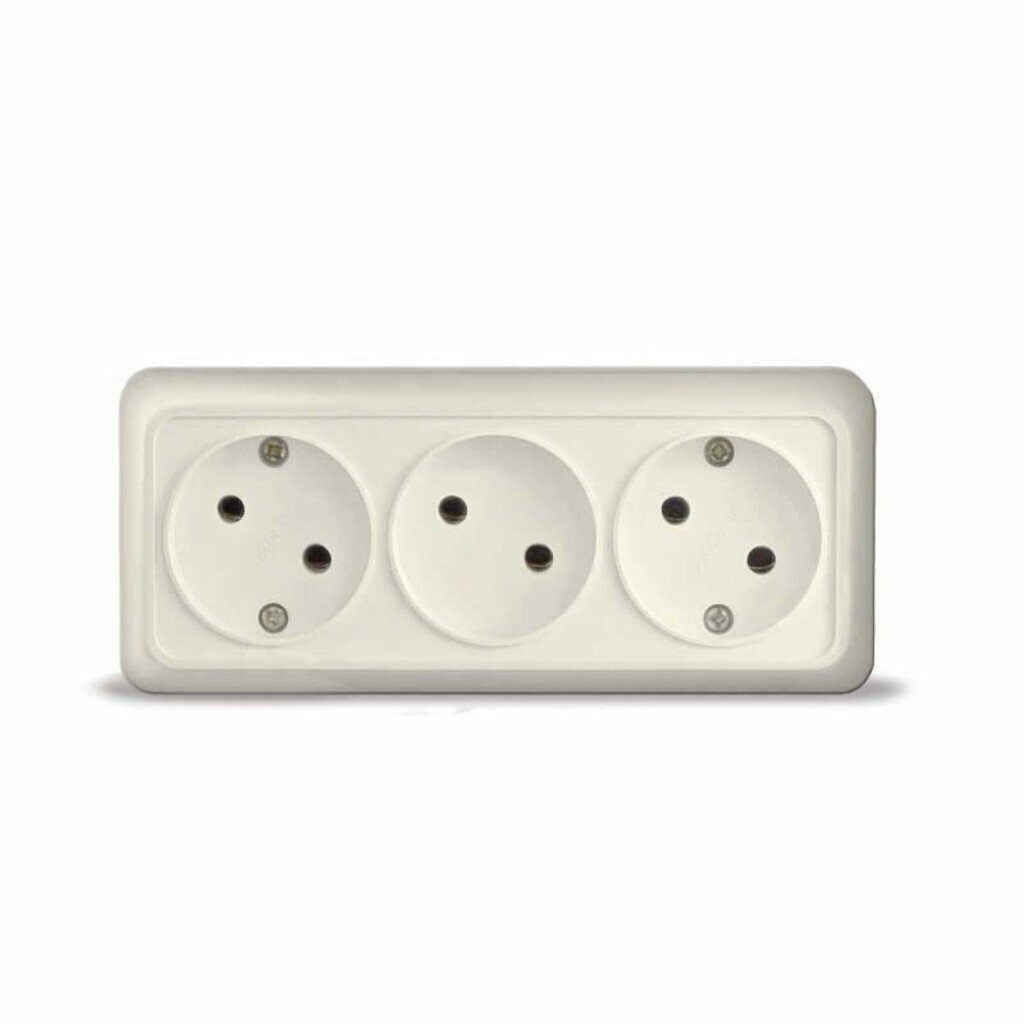 Розетка открытой установки, 3 гнезда, без заземления, 16 А, ABS пластик, IP20, слоновая кость, UNIVersal, Олимп, 1166
