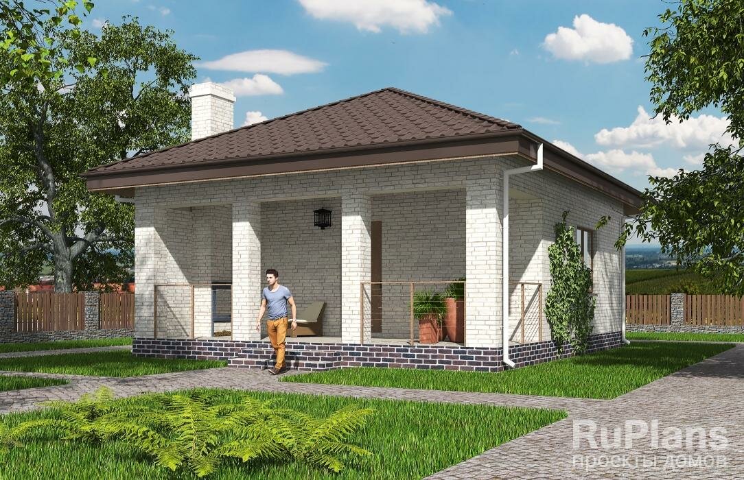 Одноэтажная баня с террасой и камином (37 м2, 10м x 8м) Rg5578