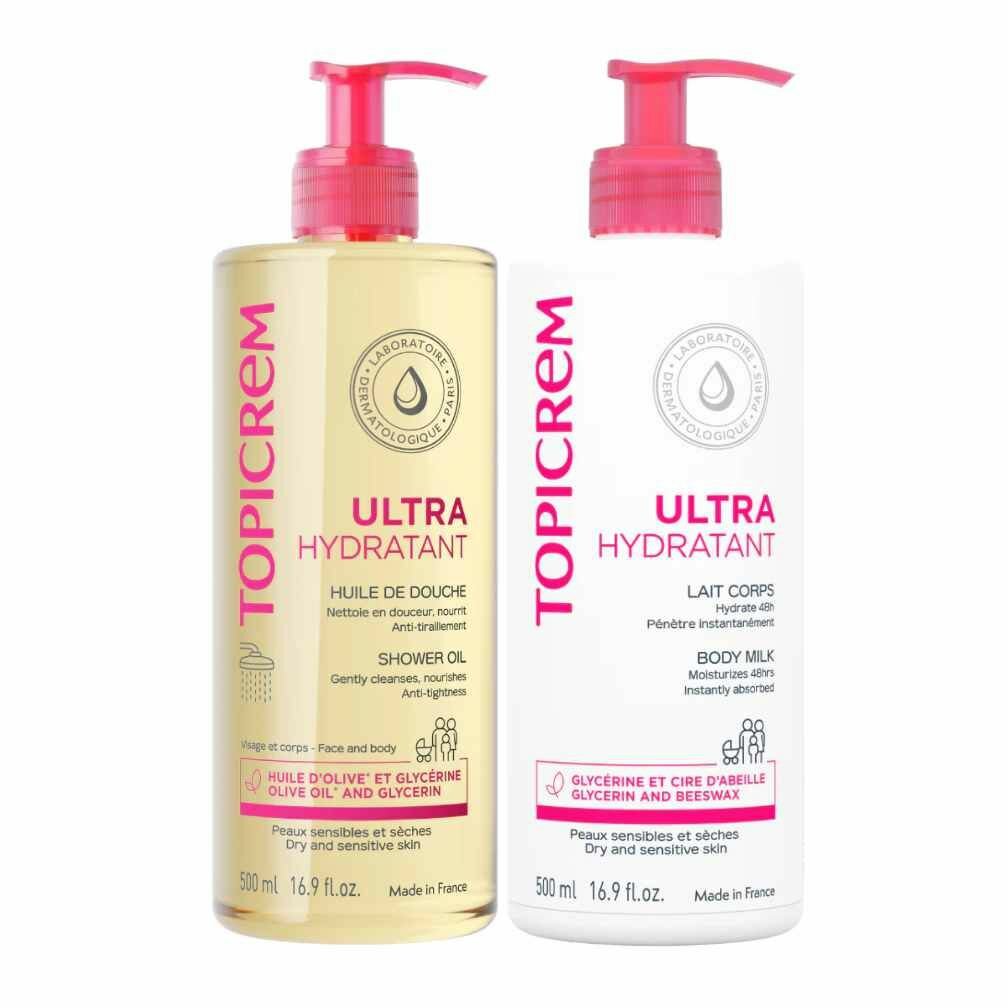Topicrem Гидра+ набор: Молочко для тела 500мл + Масло для душа 500мл