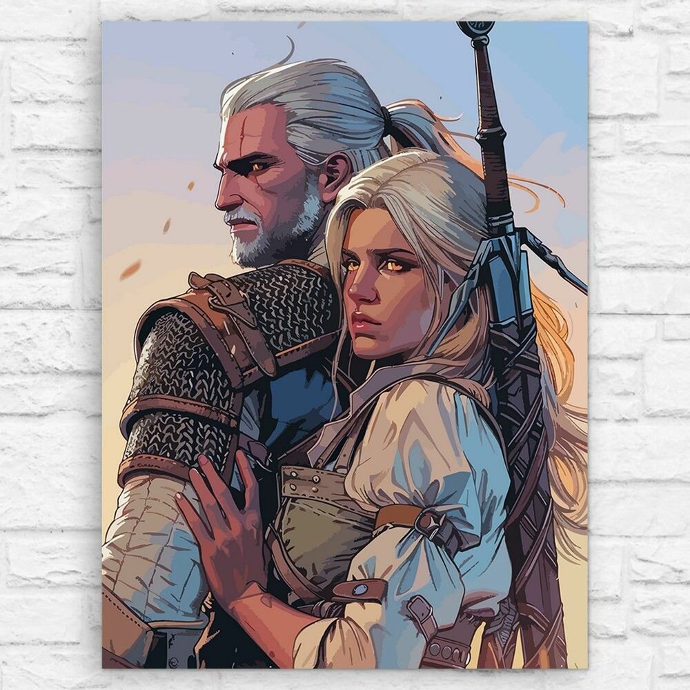 Картина по номерам на холсте игра Witcher (Ведьмак, Геральт и Цири, PS, PC) - 15170 В 60x80