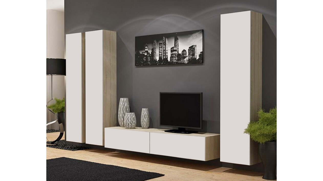 Гостиная Виго 1 Белый Фасадный 0101 / Дуб Сонома 3025 NEW 300x42x180 см, белый фасадный, дуб сонома GOODFORM