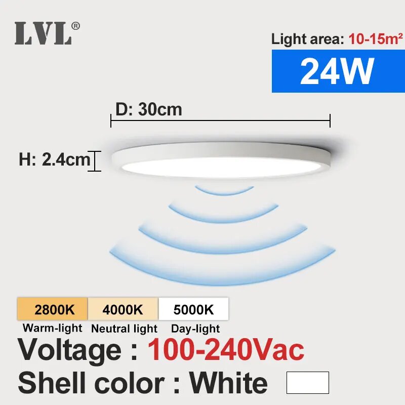 LED панель потолочная LVL 24W, 30см, 10-15м², White shell