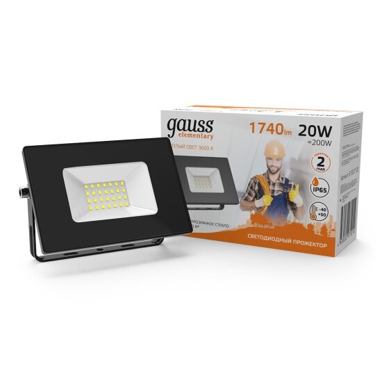 Прожектор Gauss Elementary 20W 1300lm IP65 3000К черный 1/20