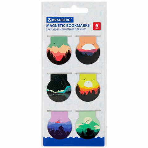 Закладки для книг магнитные, "SUNSET", набор 6 шт, 30х25 мм, BRAUBERG, 113169